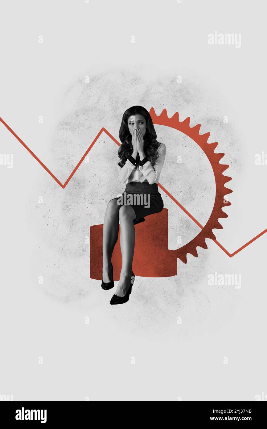 Vertical photo collage of upset businesswoman sit coin graph decline ...