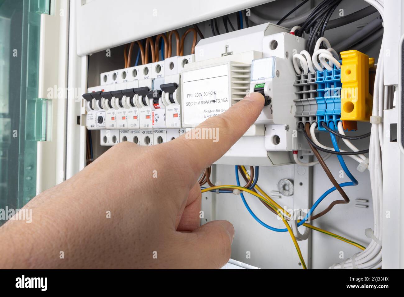 Hand Switching Circuit Breaker in Electrical Panel Stock Photo - Alamy