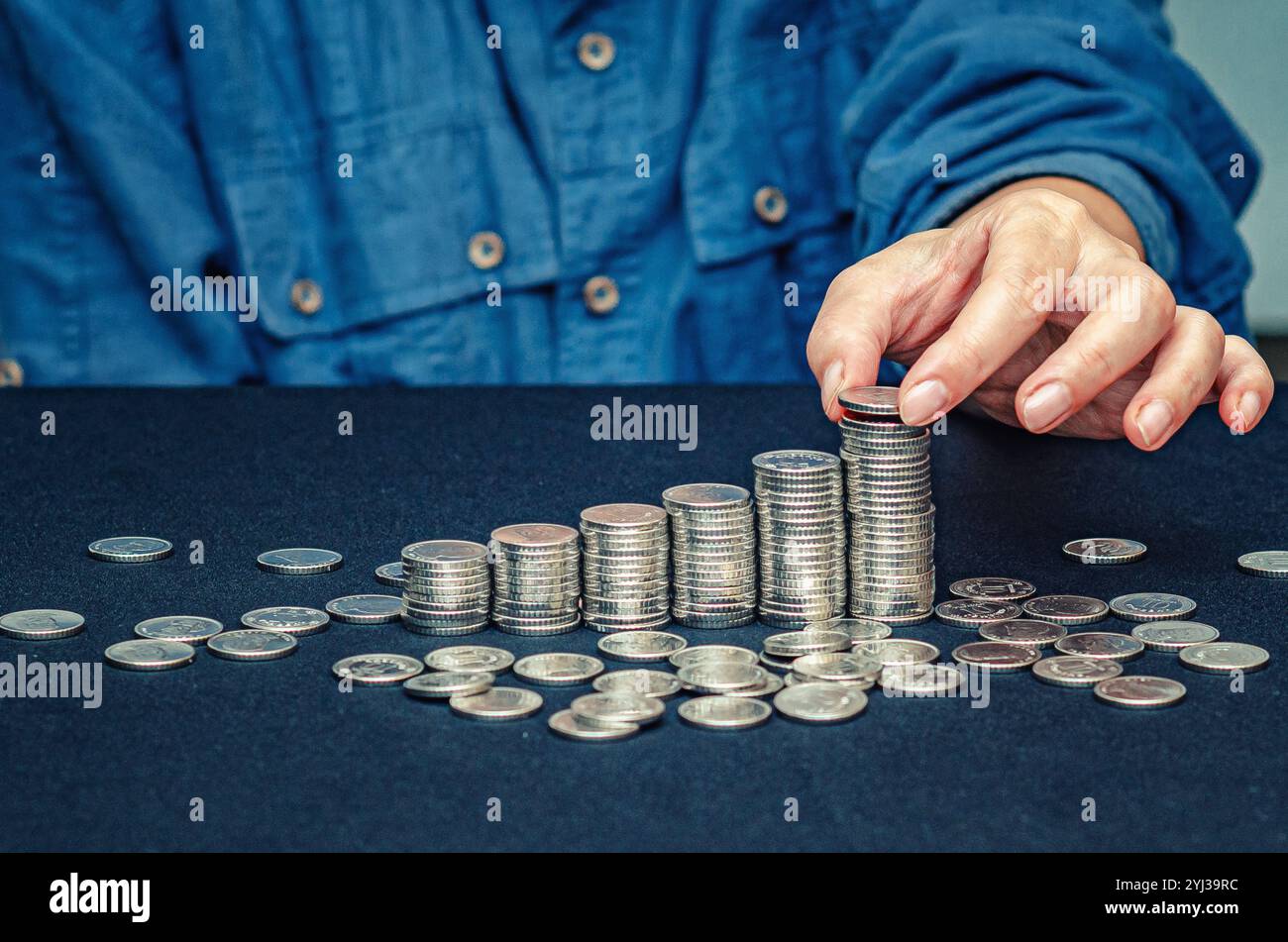 Concept of business, counting and saving money. Female hand counts and ...