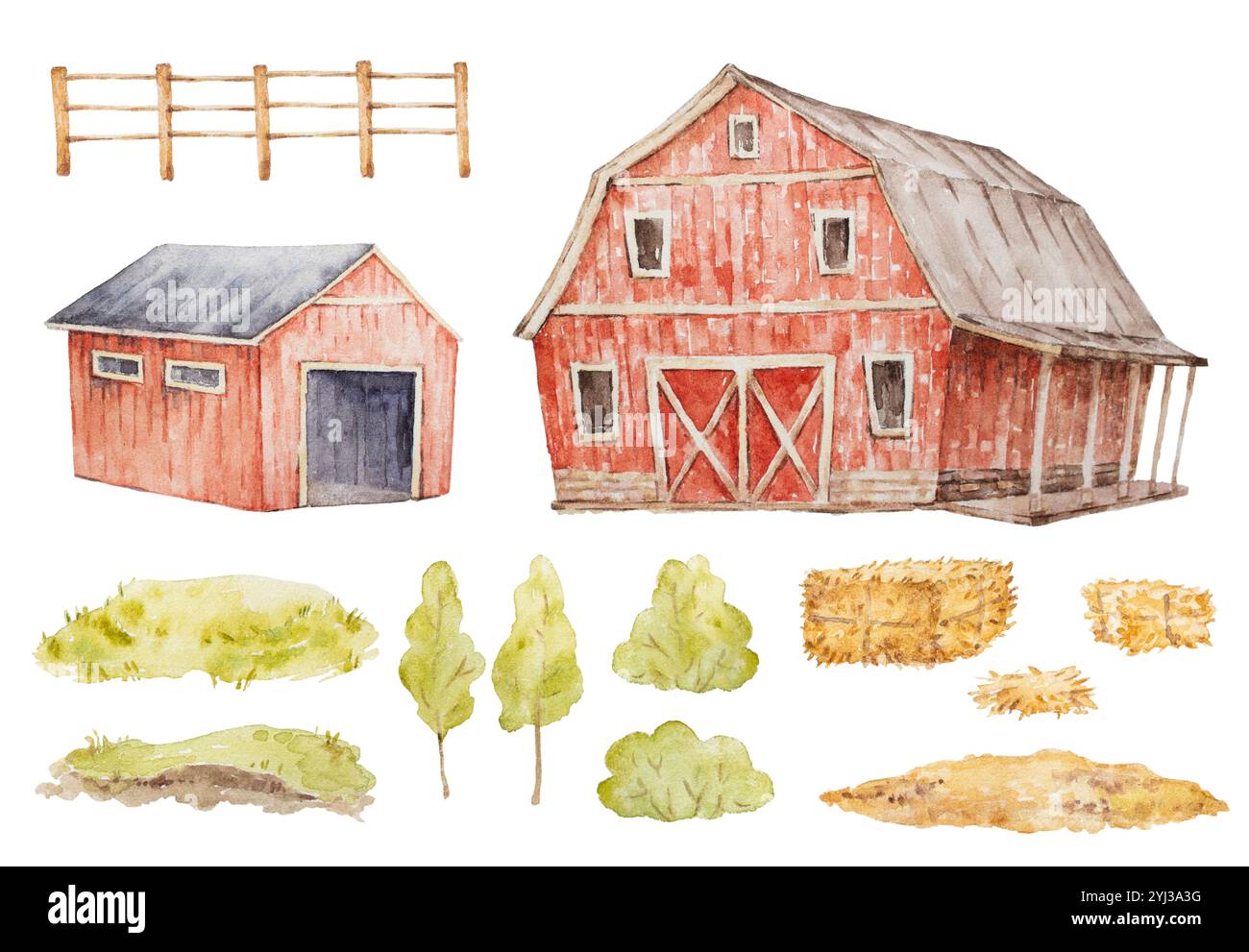 Watercolor Farm Scene Clipart, Red Farm House Illustrations, Farm ...