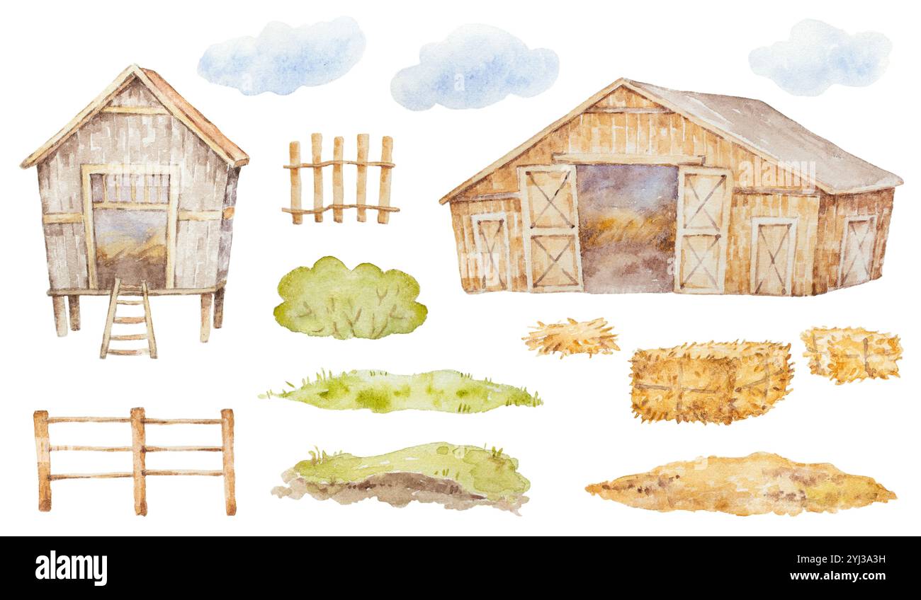 Watercolor Farm Scene Clipart, Wood Farmhouse Watercolor Clipart, Farm ...