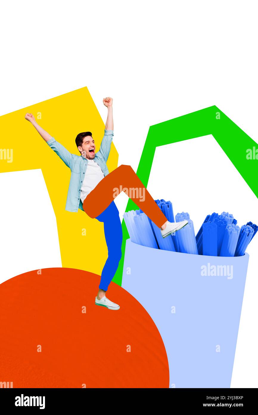 Template sketch image composite artwork collage of young guy walk step ...