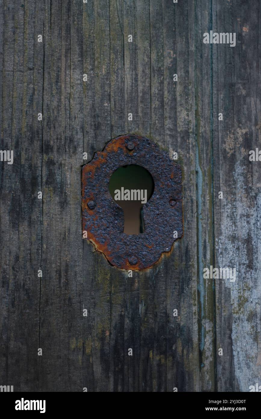 An old, weathered lock on a vintage wooden door. The lock shows signs ...