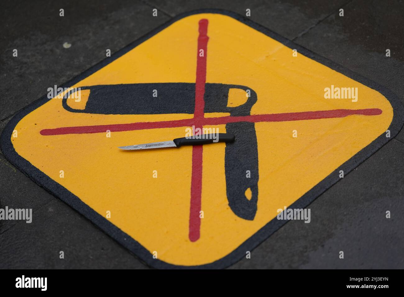 Hamburg, Germany. 13th Nov, 2024. A knife lies on a pictogram of the ...