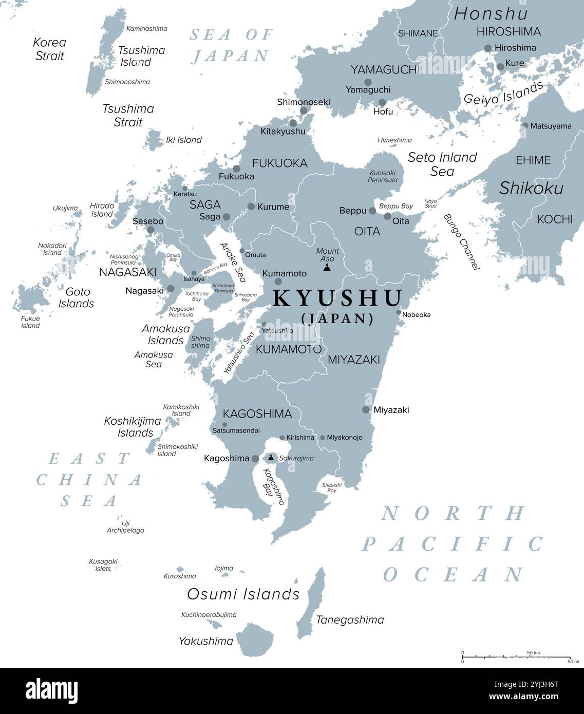 Kyushu island and northern part of the Kyushu region in Japan, gray ...