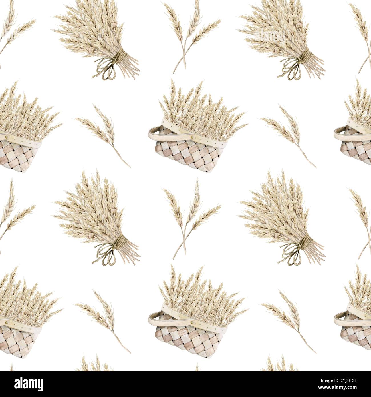Watercolor wheat seamless pattern of ripe bouquets and harvest in ...