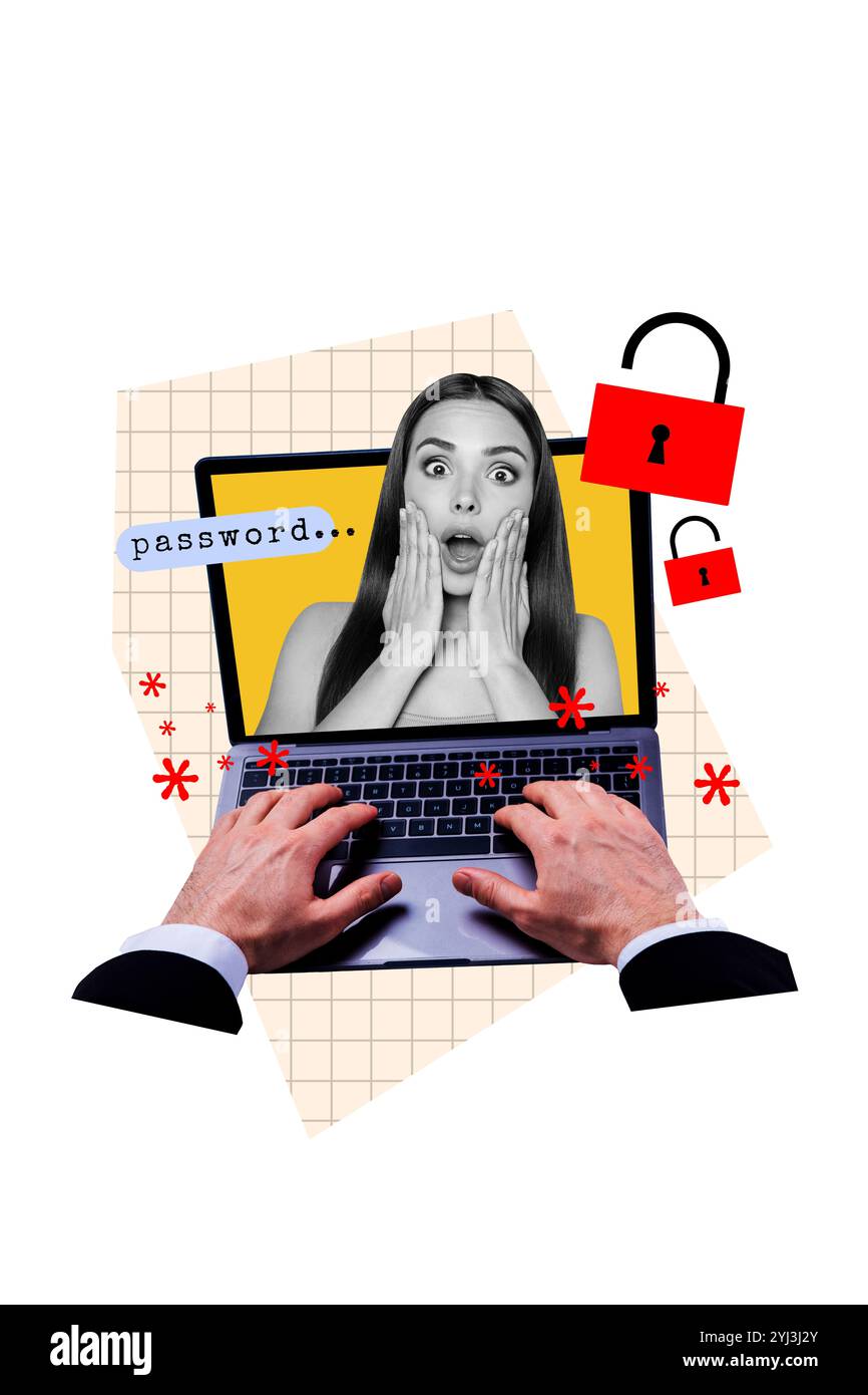 Vertical photo collage of shocked girl inside laptop device password ...