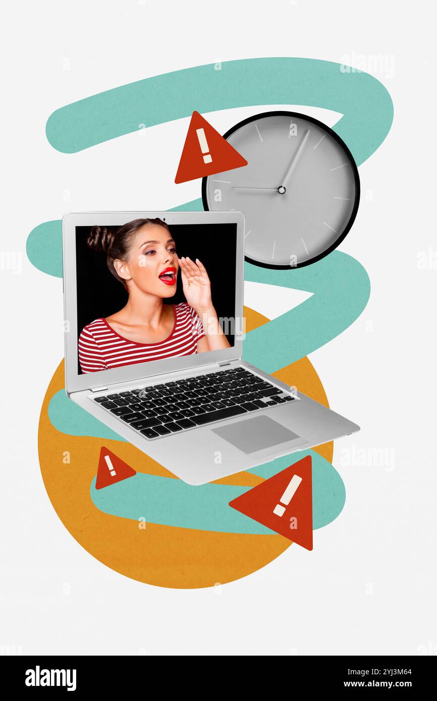 Vertical photo collage of excited girl scream peek laptop deadline ...