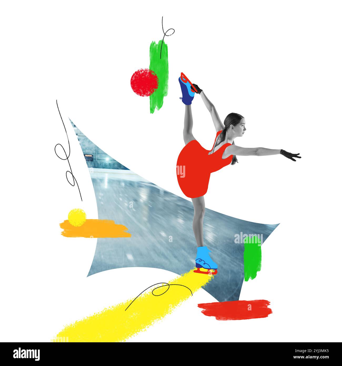 Contemporary art collage. Figure skater in striking pose, surrounded by ...