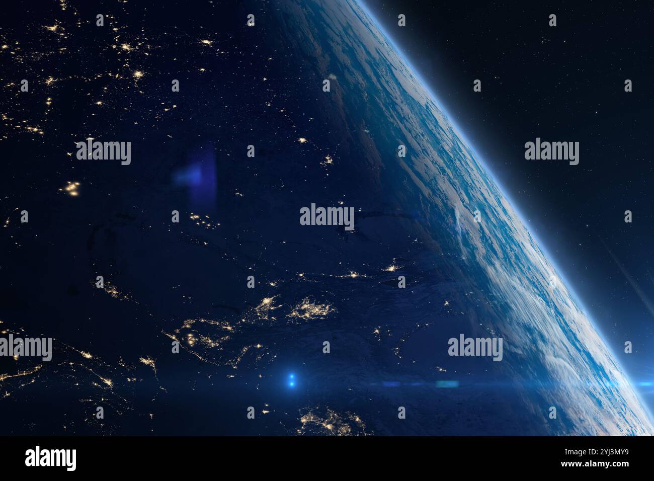 Surface of Earth planet in deep space. City lights on planet. Night on ...
