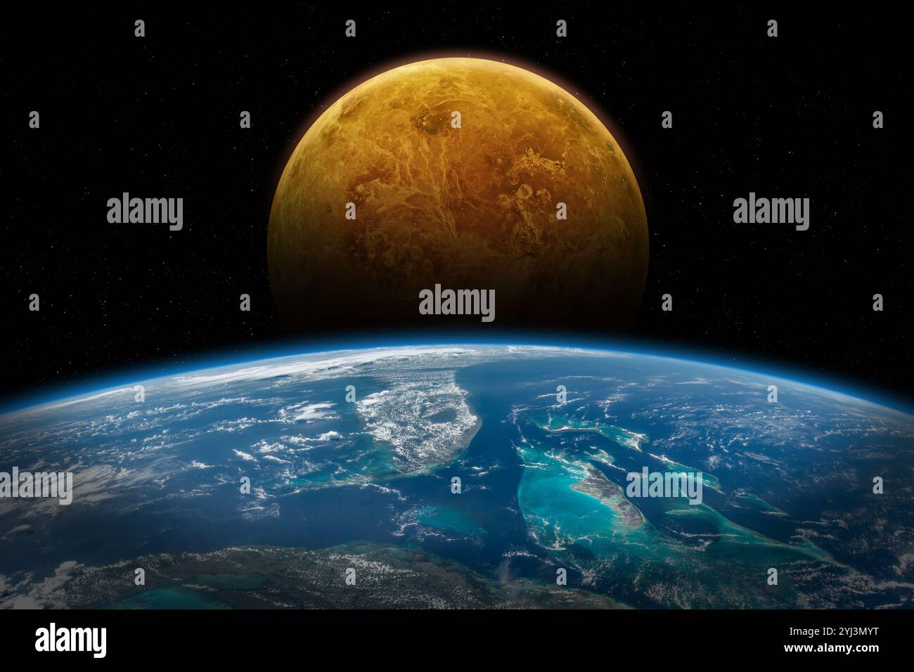 Earth and Venus in space. Solar system planets in deep space. View from ...