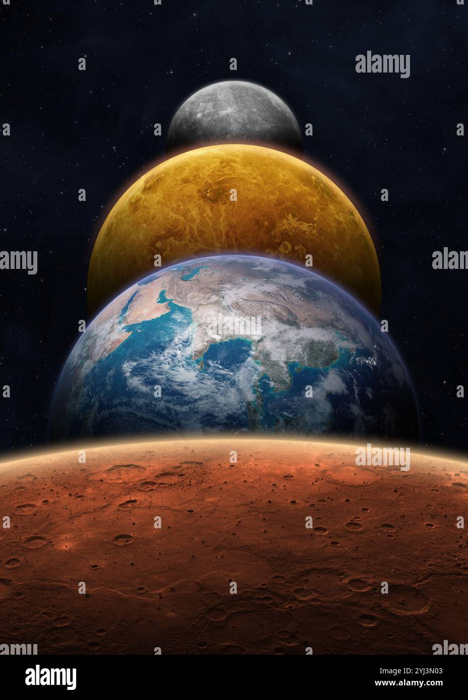 Planetary alignment. Solar system planets: Mars, Earth, Venus, Mercury ...