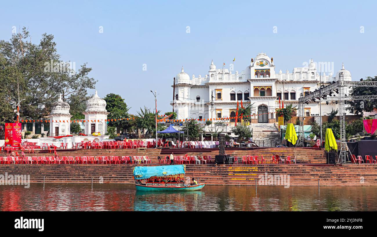 Ram Ghat with ferry boats on the Mandakini River, located in Chitrakoot ...