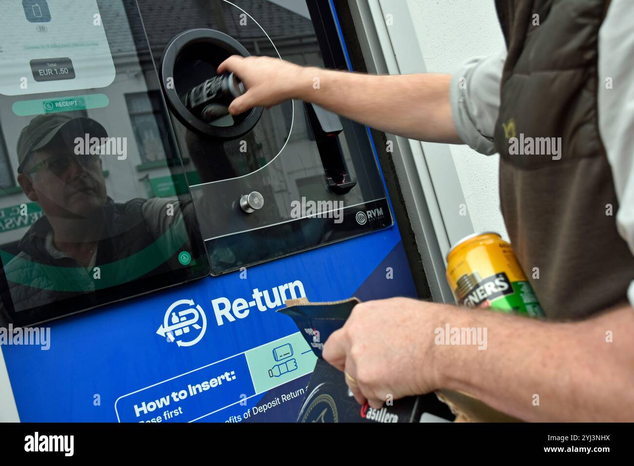 Man using a Re-turn a reverse vending machine RVM recycling deposit ...