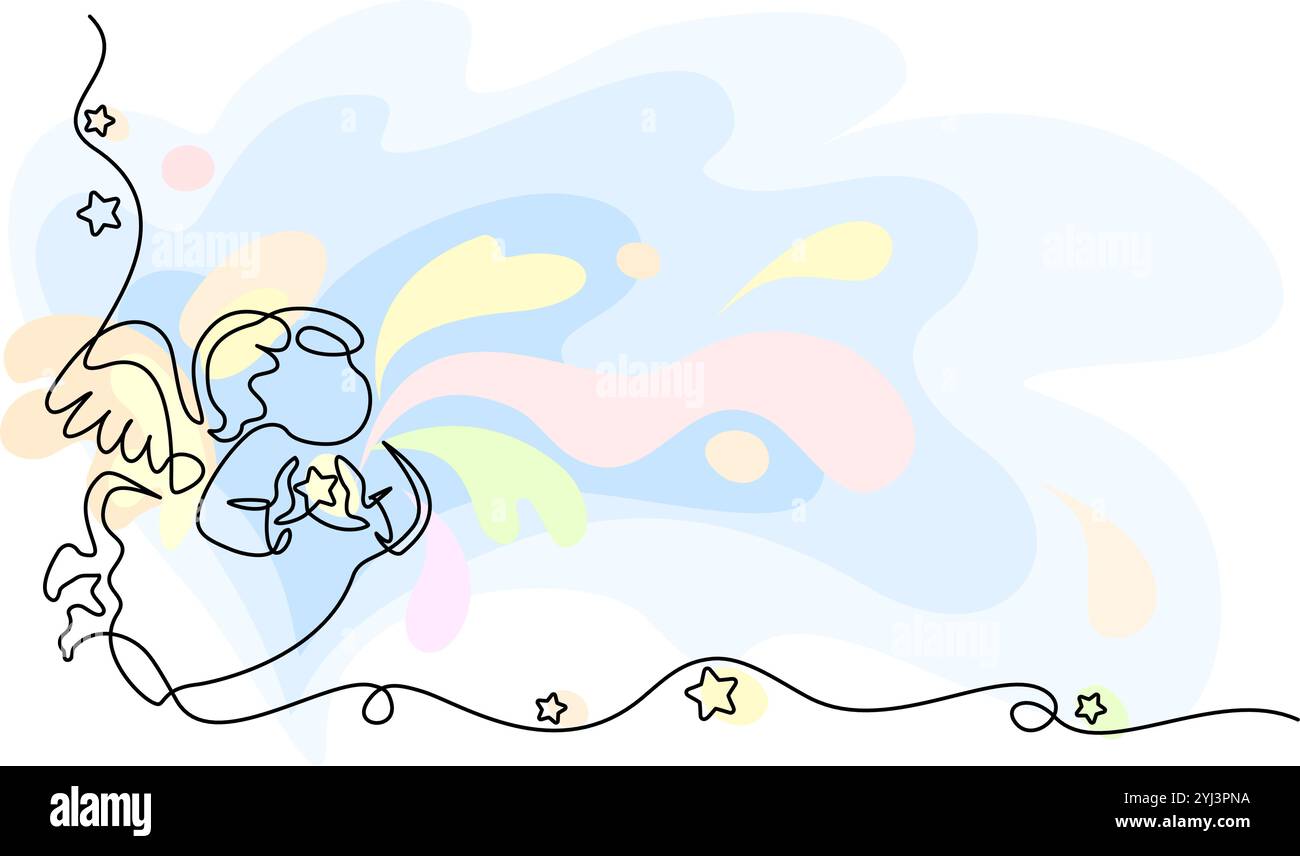 Christmas decoration. Angel and stars, Christmas angel. Continuous one ...