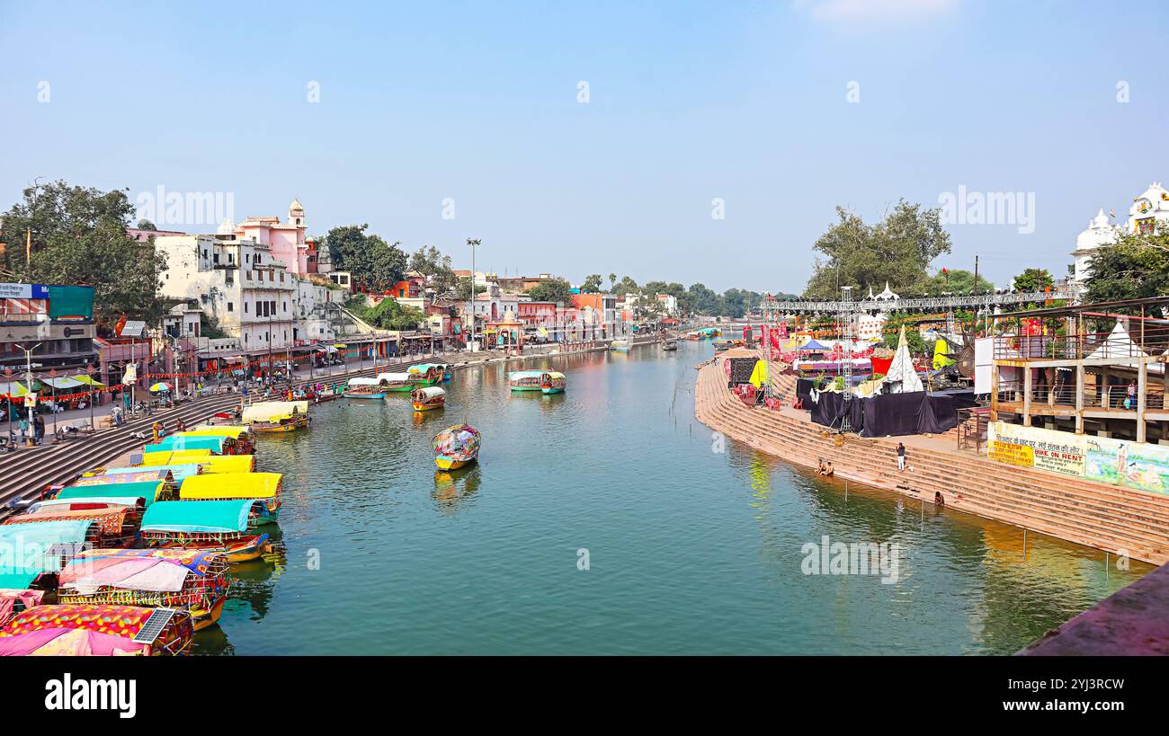 Ram Ghat with ferry boats on the Mandakini River, located in Chitrakoot ...