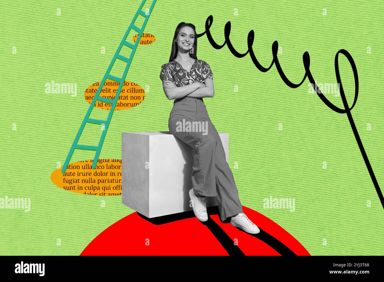 Composite photo collage of happy girl crossed hands sit cube ladder promotion aim success ...