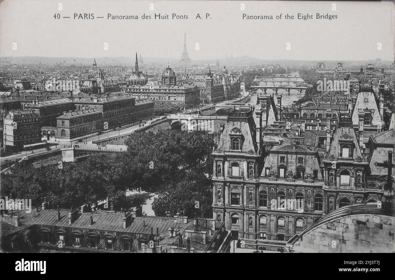 Vintage photo of Paris, Panorama of the Eight Bridges (view of Île de ...