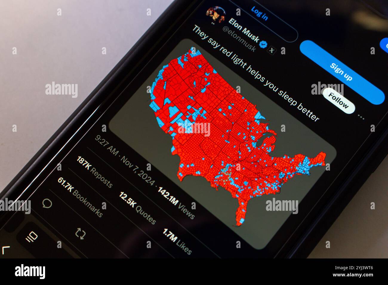 Elon Musk X post with a US election results map in red and blue (Republicans and Democrats ...