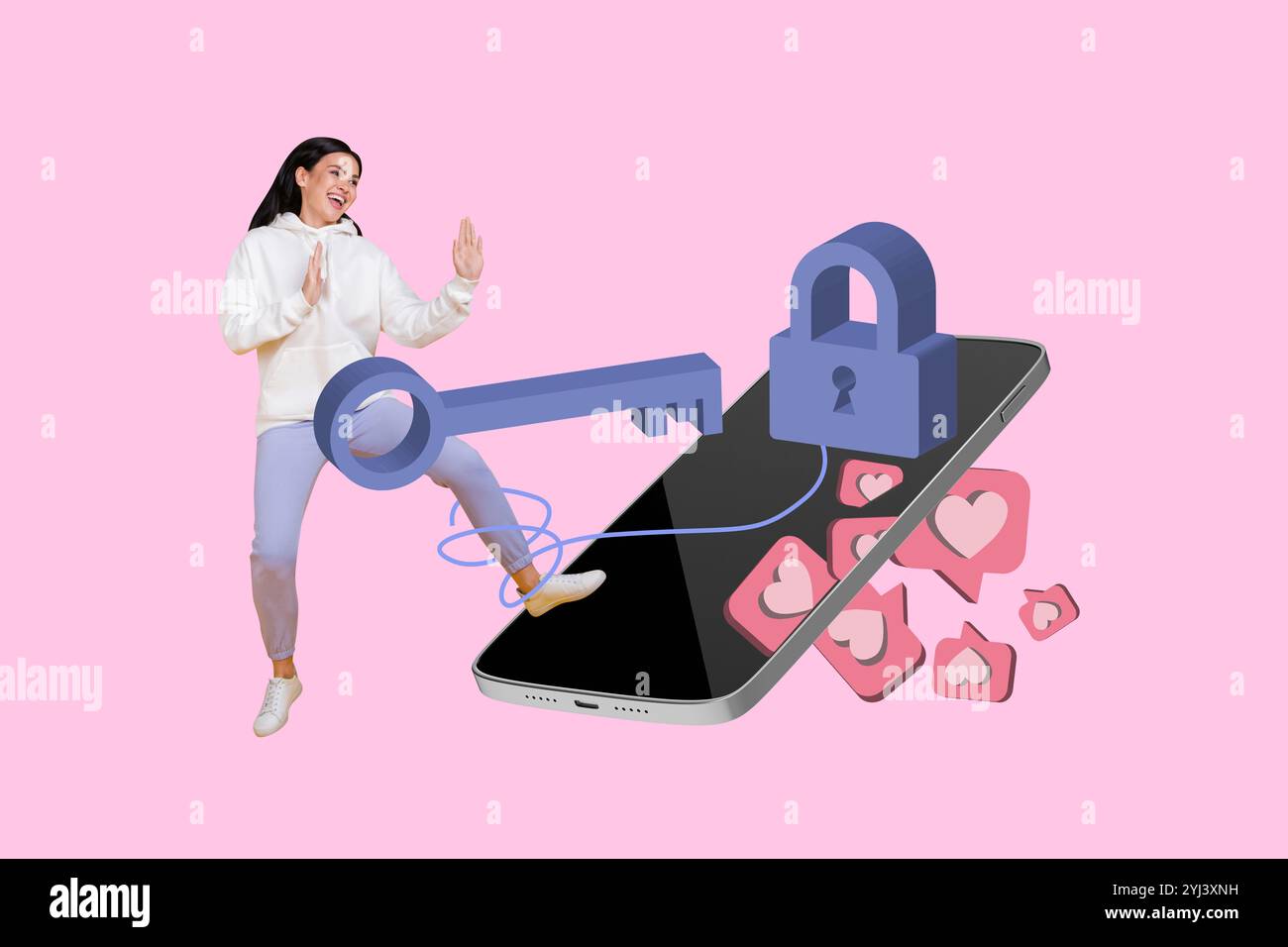 Composite trend artwork sketch collage of huge smartphone display key ...