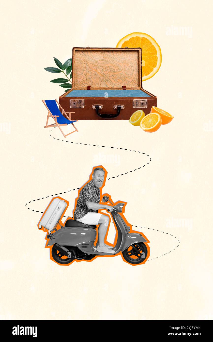 Collage of riding old man motorbike having fun road journey sunbed ...