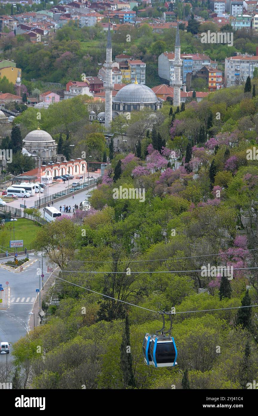 Cable car up to the top of the hill and Eyup Mosque in Istanbul, Turkey ...