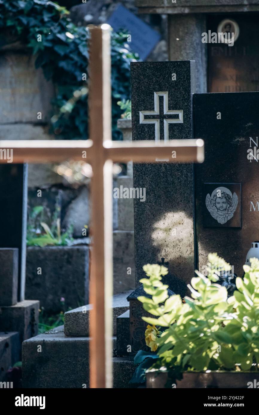 Zagreb, Croatia - August 15, 2024: A close-up of a burial at Mirogoj ...