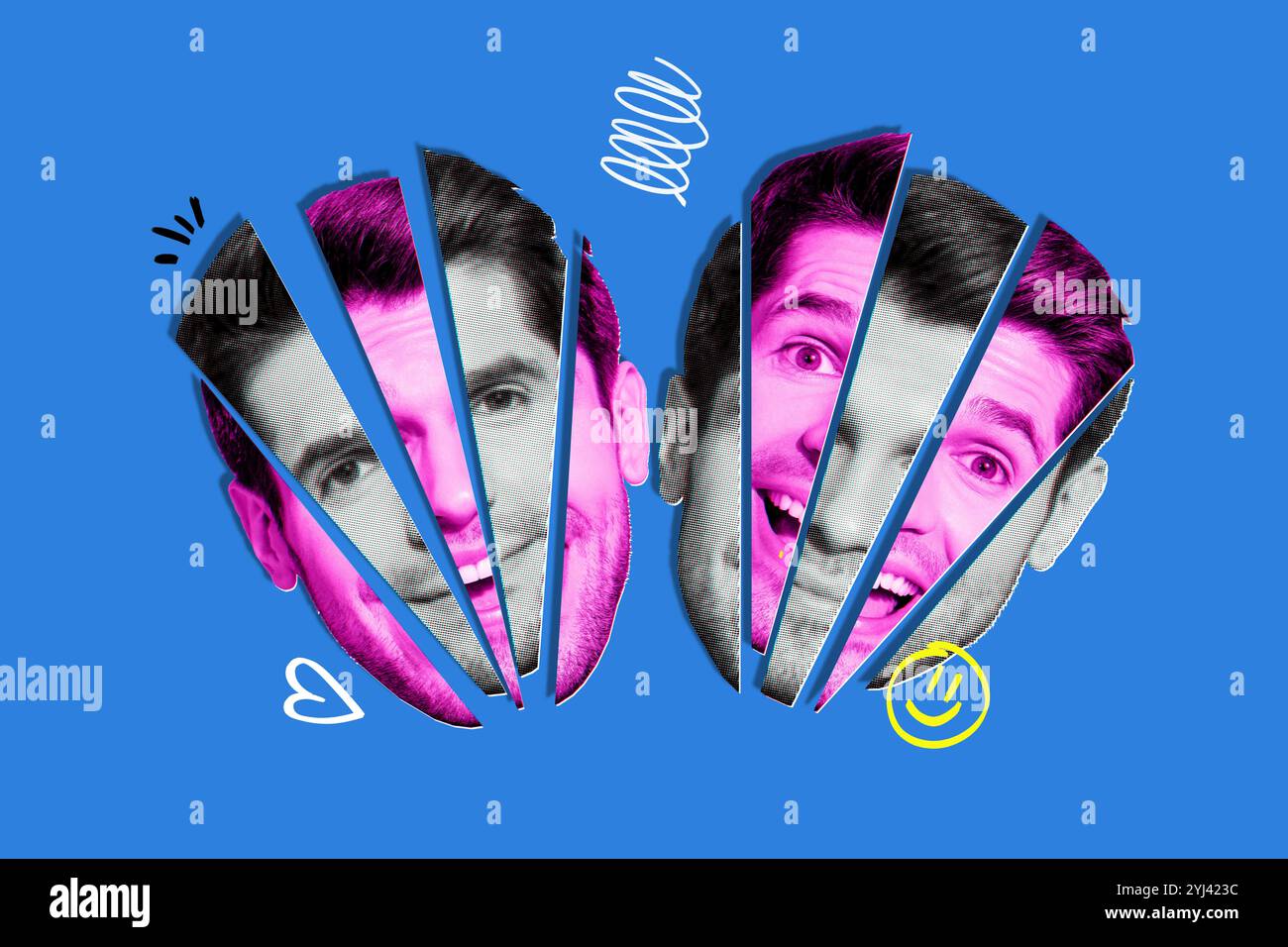 Portrait collage illustration of abstract two men faces cut heads ...