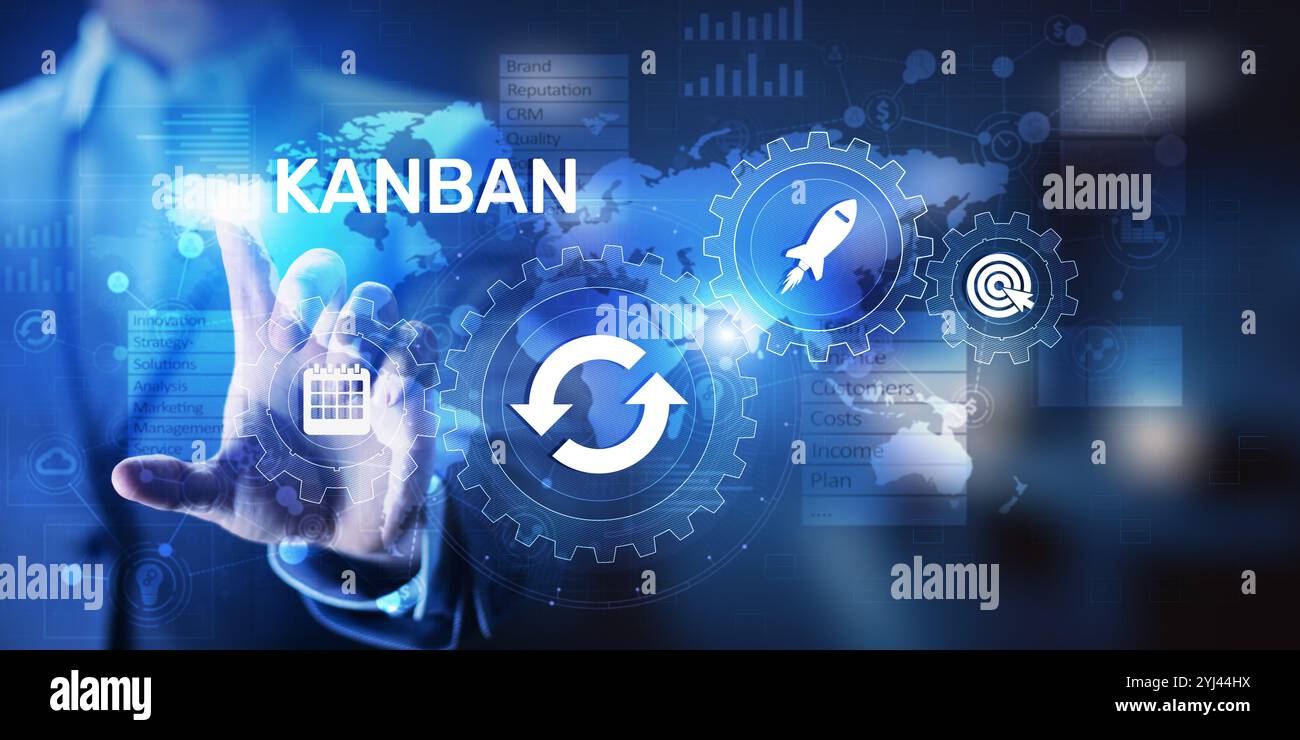 Kanban work flow process management system concept on virtual screen ...