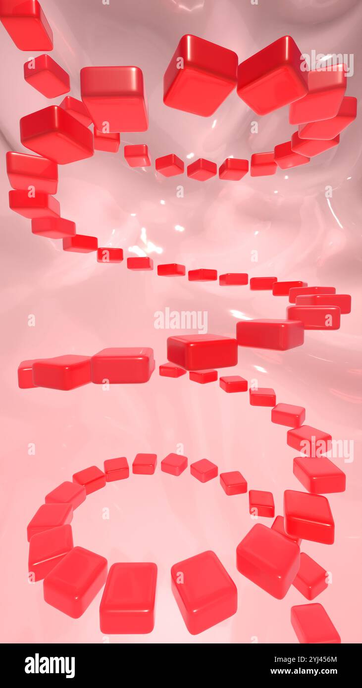 red floating spiral staircase 3d render. rounded blocks with shiny pink ...