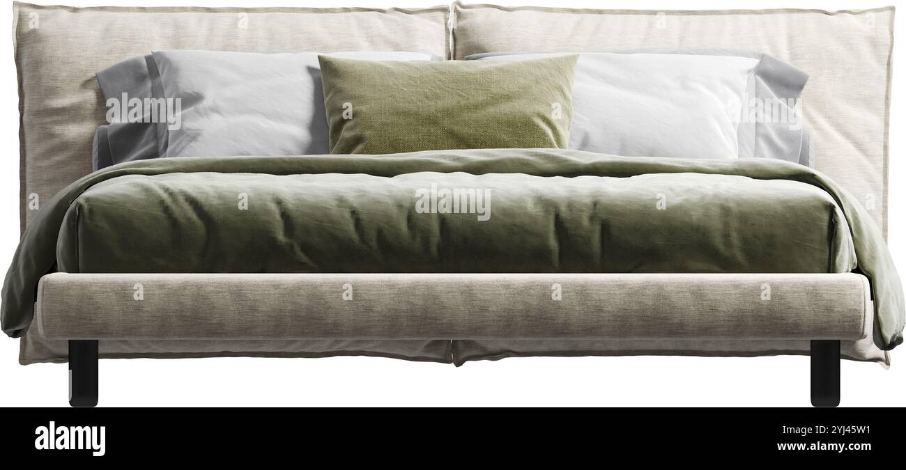 Front view of double bed with headboard and blanket Stock Photo - Alamy
