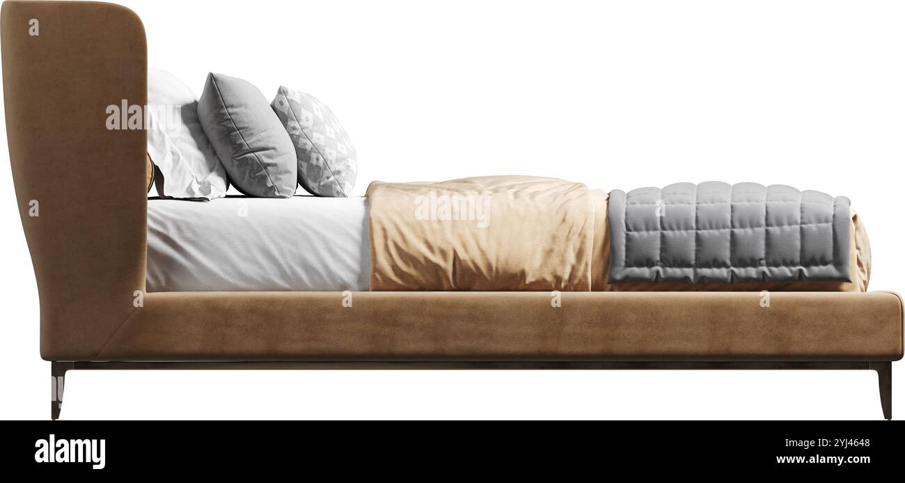 Side view of double bed with headboard and blanket Stock Photo - Alamy