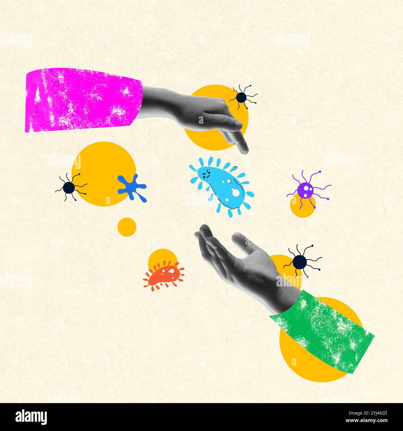 Hands reaching towards colorful virus icon, interaction with germs and ...