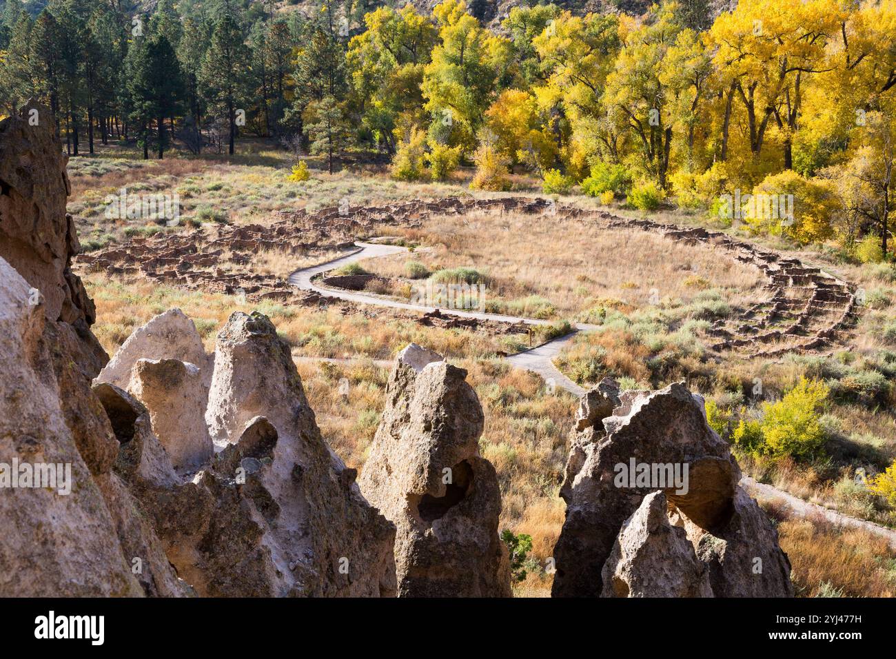 The Tyuonyi Pueblo and fall colors below tuff cliffs, Bandelier ...
