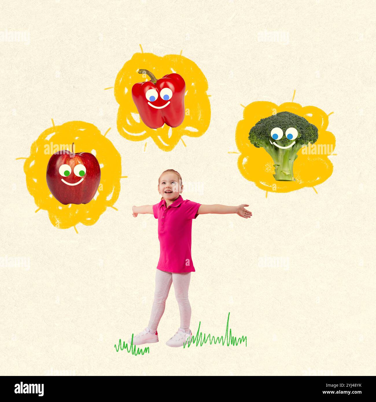Cheerful child with cartoon fruits and vegetables, emphasizing healthy ...