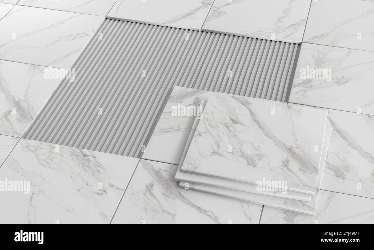 Marble effect floor tiles being laid using pre-formed ceramic tile ...