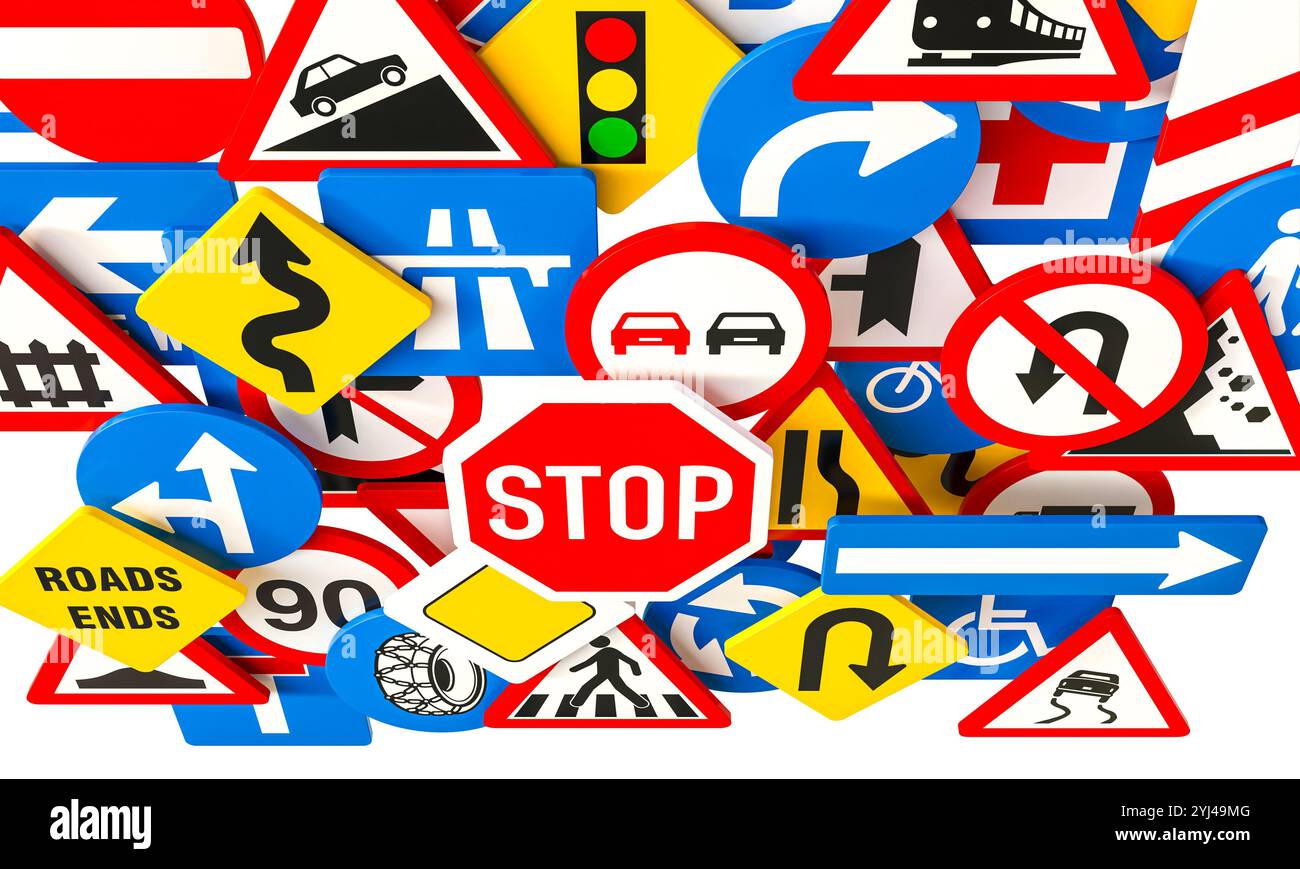 road signs representing various traffic rules and safety warnings ...