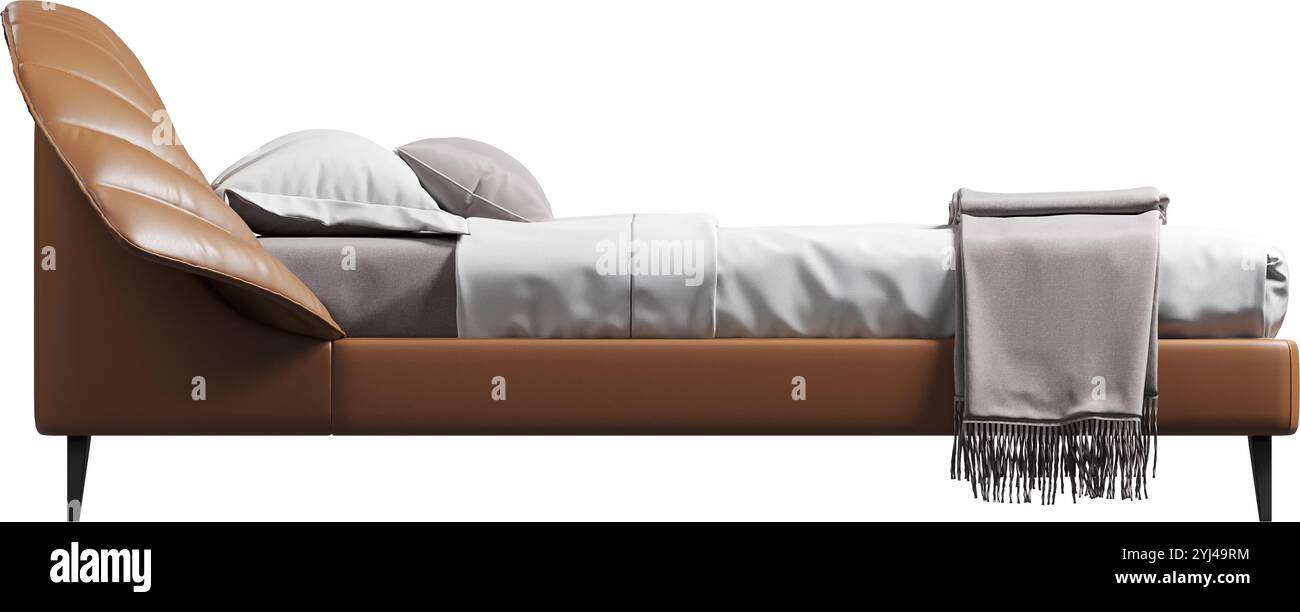 Side view of double bed with headboard and blanket Stock Photo - Alamy