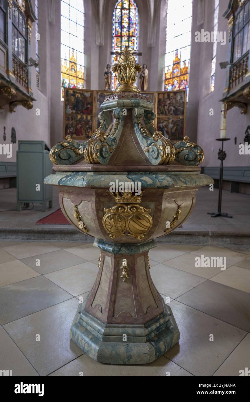 Historic baptismal font in the Protestant Church of St Mary, Hersbruck ...