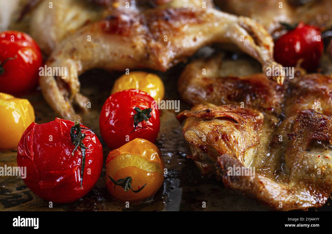 Grilled quail meat, on a platter, tobacco, in the oven, with spices ...