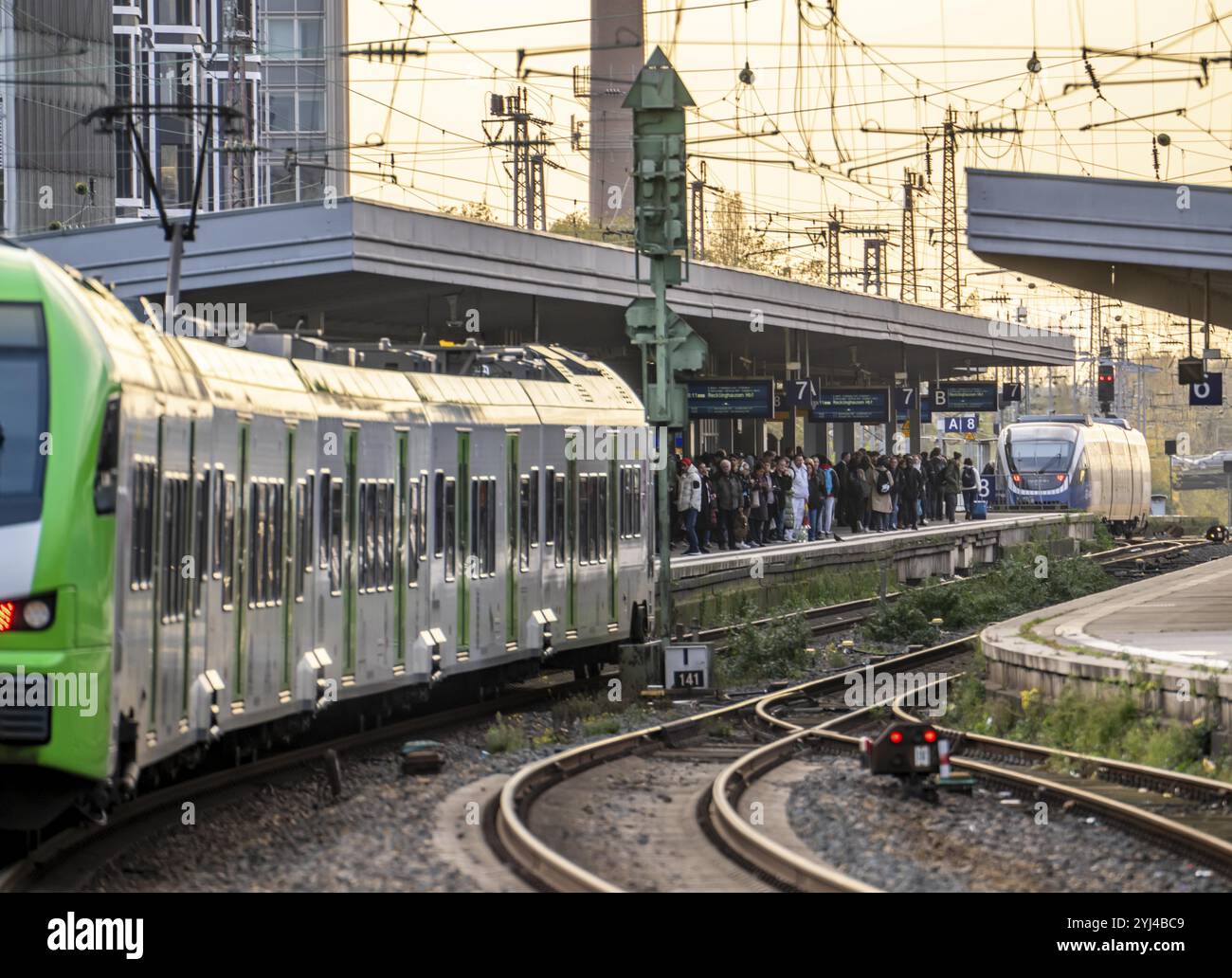 Regional train arriving at Essen central station, platform, city centre ...