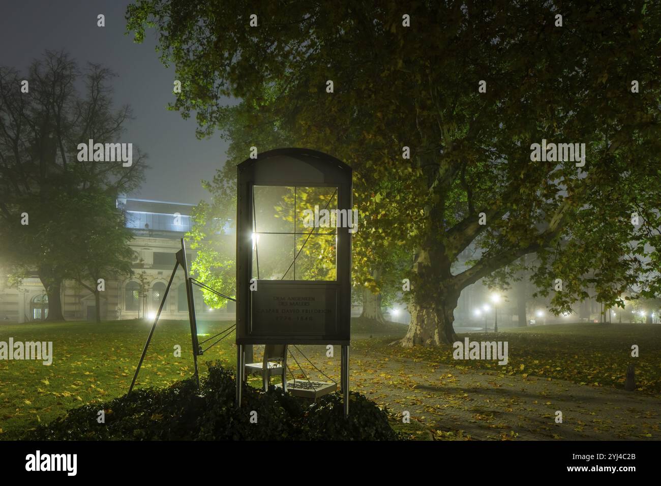 Dresden's old town shrouded in November fog. Bruehl's Garden. Caspar ...
