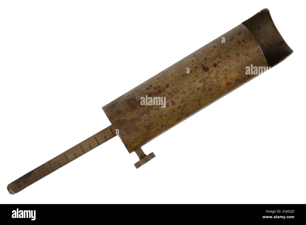 Antique black powder measure for loading cartridge. Isolated on a white ...
