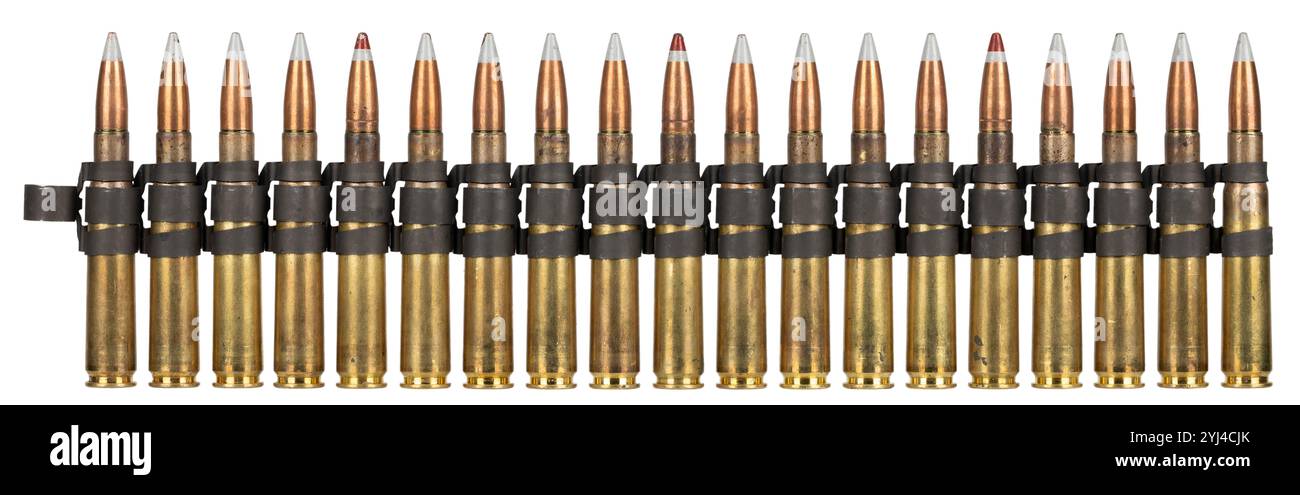 .50 BMG caliber ammunition belt with cartridges isolated on white Stock ...