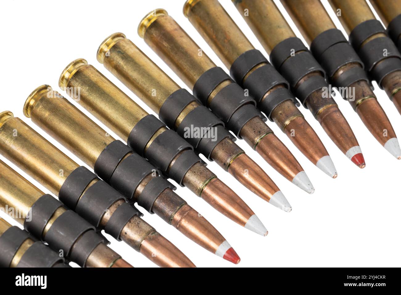 .50 BMG caliber ammunition belt with cartridges isolated on white Stock ...