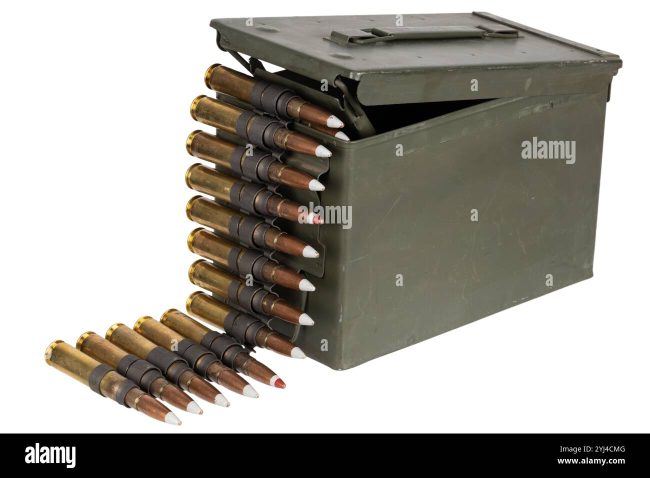.50 BMG caliber ammunition belt with cartridges in ammunition can ...