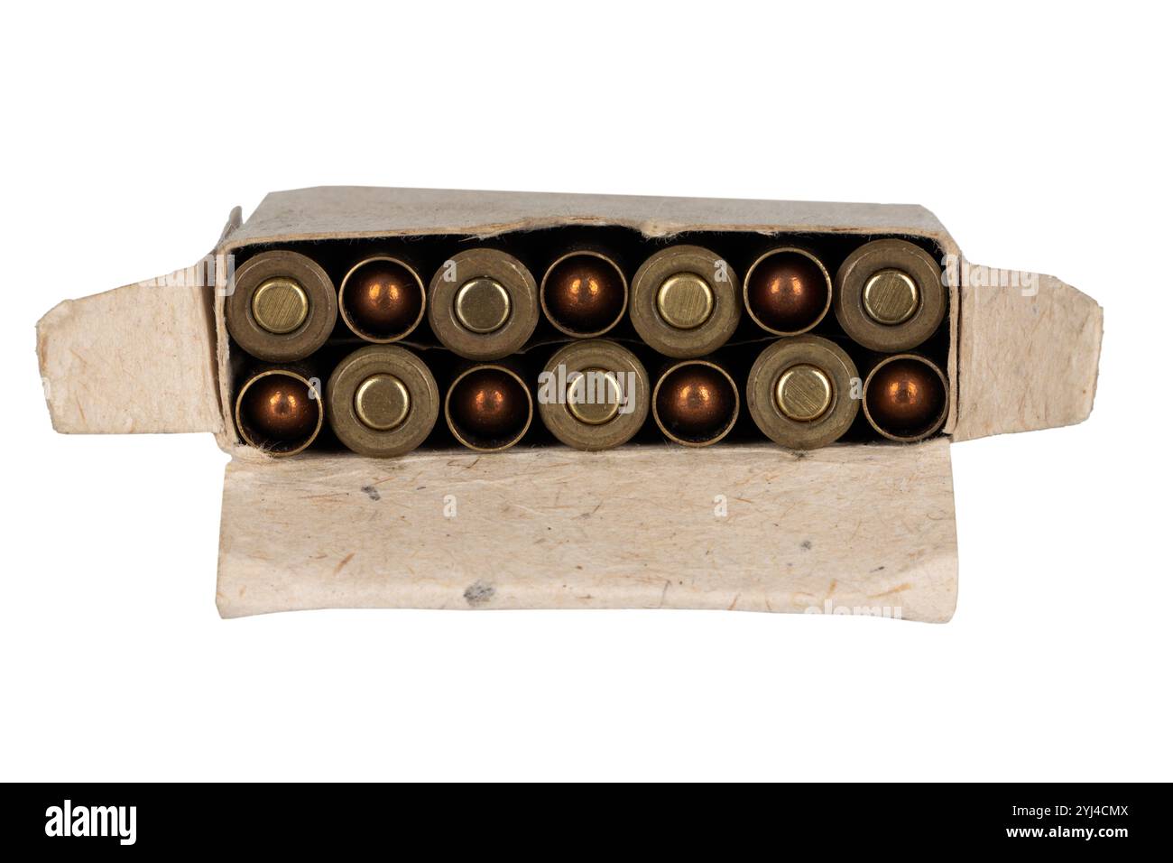 Vintage retro ammunition for revolver gun in a cardboard box. Isolated ...