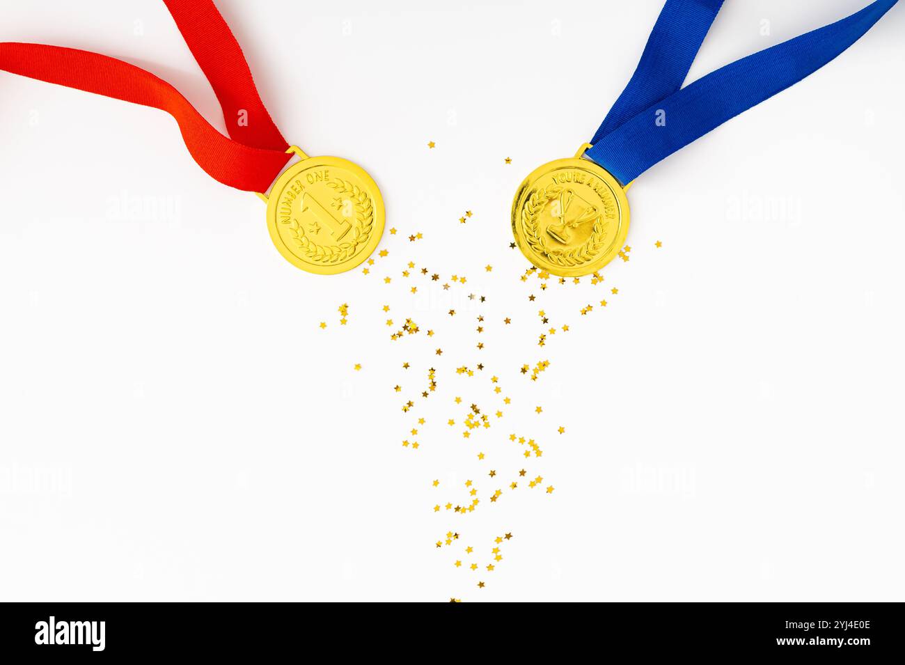 Golden medals on white background with golden glitter stars. Creative ...