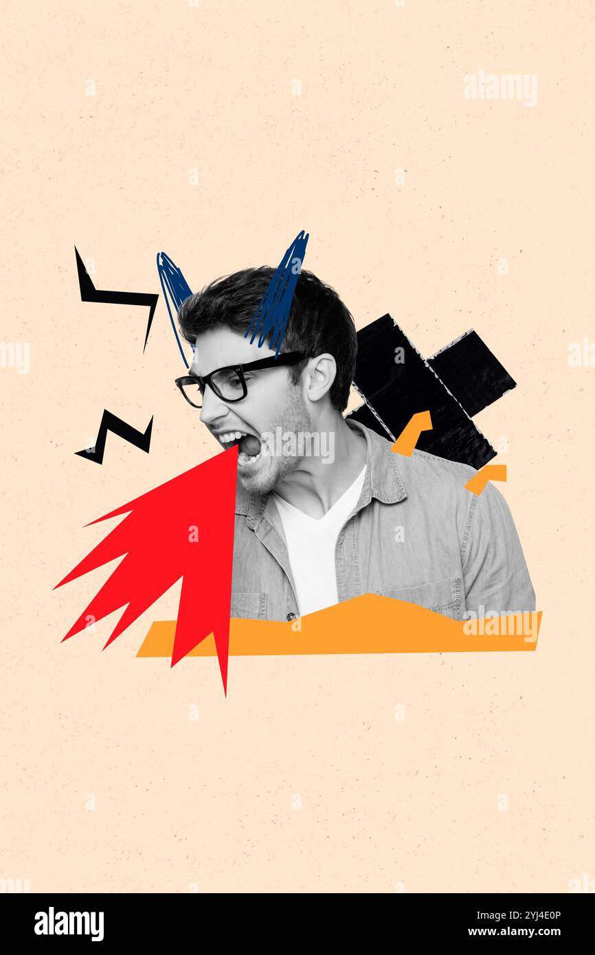 Vertical photo collage of angry man scream devil horns imitation ...