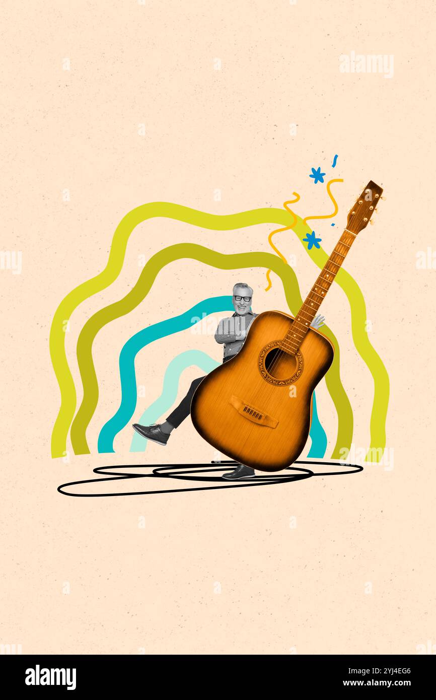 Vertical photo collage of happy old man dance acoustic guitar concert ...